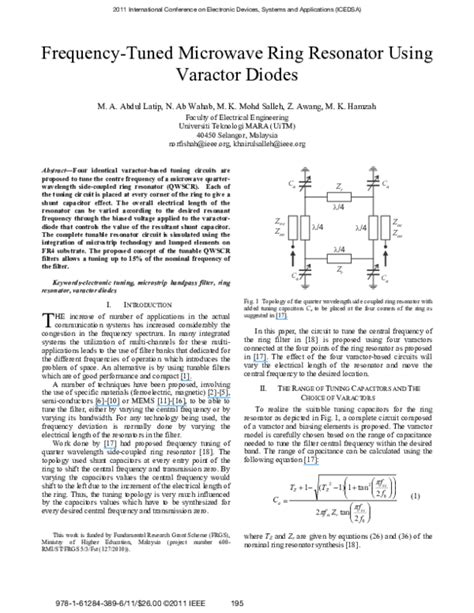 Pdf Frequency Tuned Microwave Ring Resonator Using Varactor Diodes