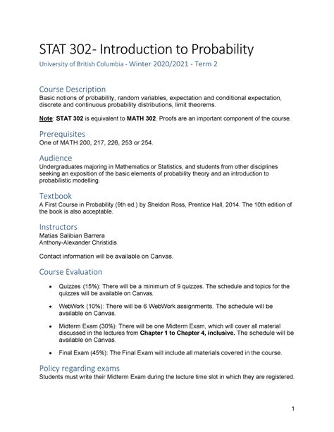 Course Outline Msb Stat302 2020wt2 Updated STAT 302 Introduction To Probability University Of