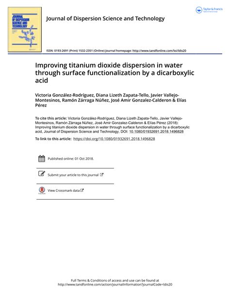 Pdf Improving Titanium Dioxide Dispersion In Water Through Surface Functionalization By A