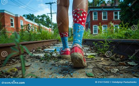 A Person Wearing Socks Walking On Railroad Tracks Stock Photo Image Of Railroad Stand