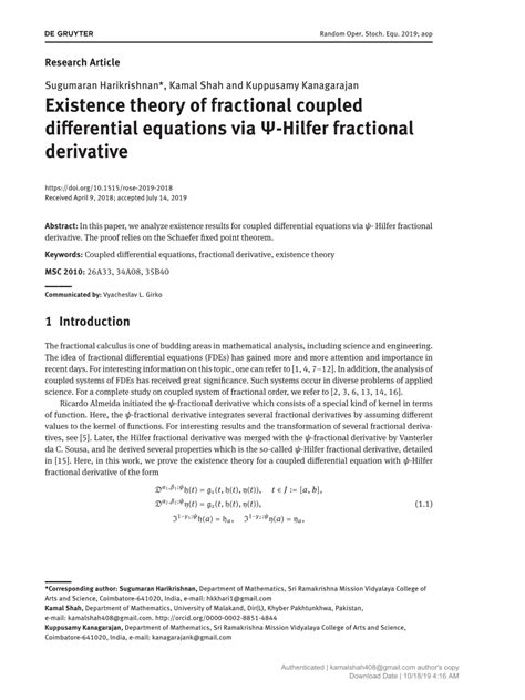Pdf Existence Theory Of Fractional Coupled Differential Equations Via Ψ Hilfer Fractional