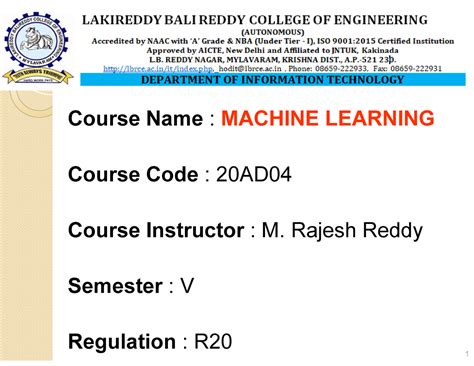 Ml Unit Notes Fine Course Name MACHINE LEARNING Course Code AD Course Code AD