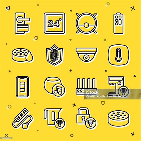 세트 라인 물 센서 스마트 커피 머신 온도 조절기 로봇 진공 청소기 지문 디지털 도어록 및 모션 아이콘 벡터 검은색에 대한 스톡 벡터 아트 및 기타 이미지 Istock