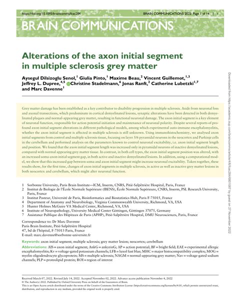 Pdf Alterations Of The Axon Initial Segment In Multiple Sclerosis