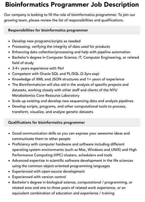Bioinformatics Programmer Job Description Velvet Jobs