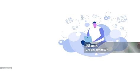 클라우드 서버 온라인 데이터 동기화 컴퓨팅 기술 네트워크 개념 스케치 전체 길이 수평에서 콘텐츠를 다운로드 하는 노트북 사람을 사용 하 여 남자 앉아 연꽃 포즈 가공의