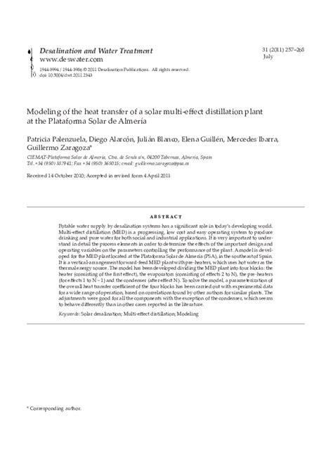 Pdf Modeling Of The Heat Transfer Of A Solar Multi Effect Distillation Plant At The Plataforma
