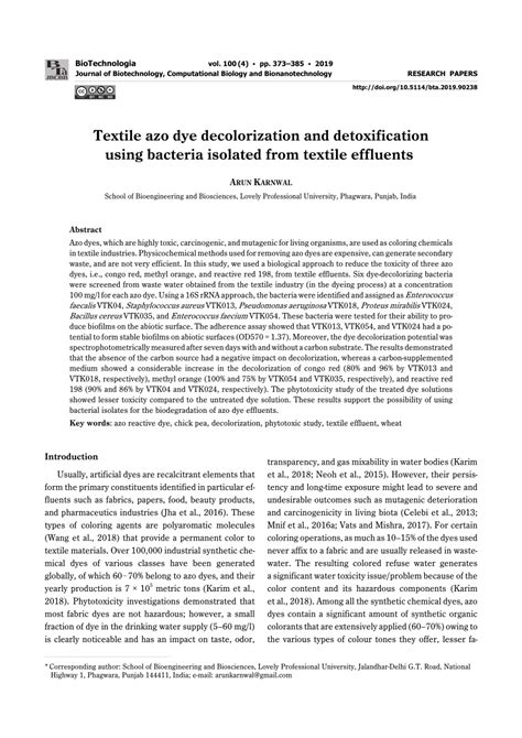 Pdf Textile Azo Dye Decolorization And Detoxification Using Bacteria Isolated From Textile