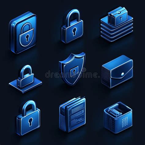 3d Blue Isometric Security Icons Lock Shield Data Privacy Ai Generated Stock Illustration