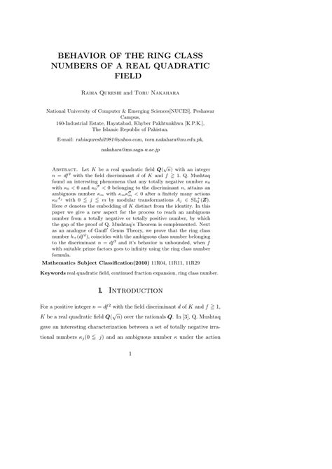 Pdf Behavior Of The Ring Class Numbers Of A Real Quadratic Field