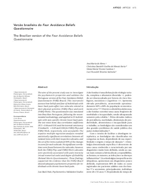 Pdf Versão Brasileira Do Fear Avoidance Beliefs Questionnaire