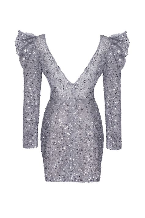 Silver Metallic Long Sleeve Sequined Mini Dress