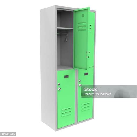 문을 열고 녹색 금속 사물함 2 층 구획 흰색 배경에서 격리된 3d 렌더링 그림 사물함에 대한 스톡 사진 및 기타 이미지