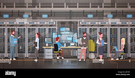 People Working In Data Center Room Hosting Server Computer Monitoring