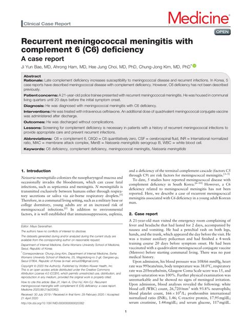 Pdf Recurrent Meningococcal Meningitis With Complement 6 C6 Deficiency A Case Report