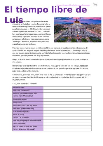 Spanish Reading Comprehension Free Time Teaching Resources
