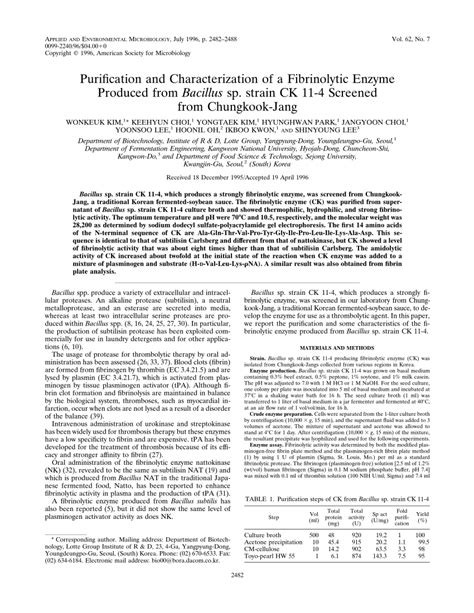 Pdf Purification And Characterization Of A Fibrinolytic Enzyme Produced Frombacillussp Strain