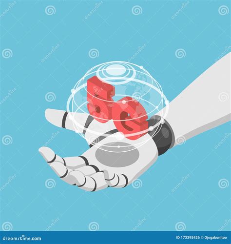 Isometric Ai Robot Hand Holding Virtual Wolrd And 5g Icon Stock Vector