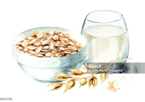 건강 한 아침 식사 귀리 조각과 우유 한 잔 수채화 손으로 그린 그림 흰색 배경에 고립 수채화에 대한 스톡 벡터 아트 및 기타