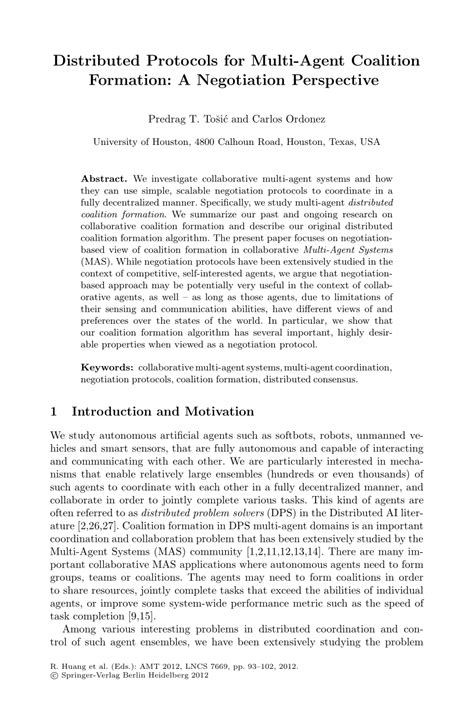 Pdf Distributed Protocols For Multi Agent Coalition Formation A Negotiation Perspective