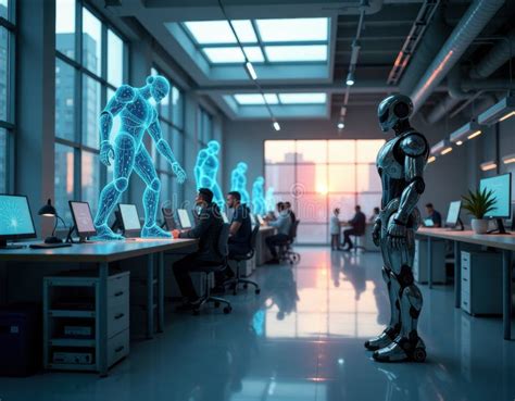 Futuristic Office Humanoid Robot And Digital Humans Working Together