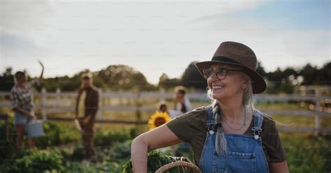 공동체 농장에서 야외에서 직접 재배한 채소가 담긴 바구니를 들고 있는 고위 여성 농부 사진 Unsplash의 슬로바키아 이미지