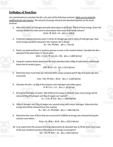 Enthalpy Stoichiometry Practice By Teach Simple Worksheets Library