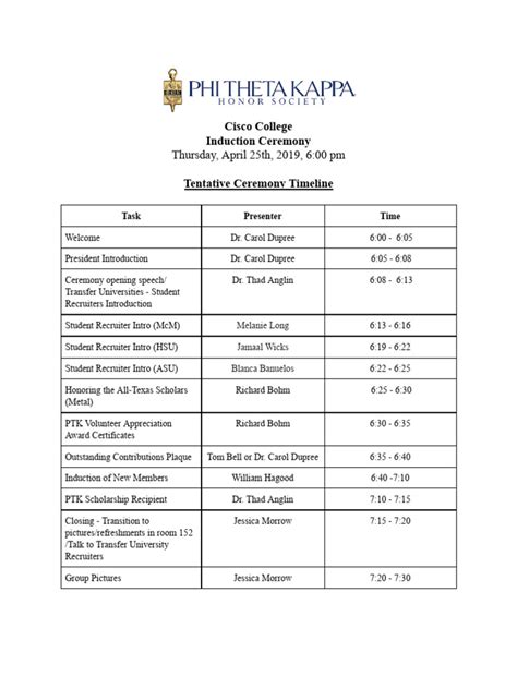 2019 Ptk Induction Ceremony Program Timeline Pdf Science And Mathematics