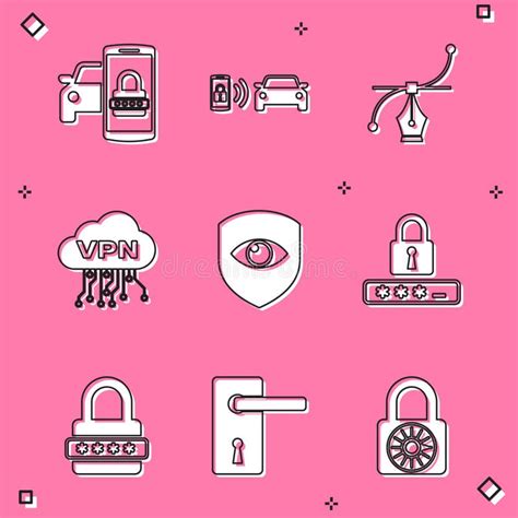 Set Smart Car Security System Alarm Bezier Curve Cloud Vpn Interface Shield And Eye And