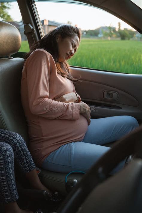 Pregnant Woman Belly Ache During Trip On Car Stock Image Image Of