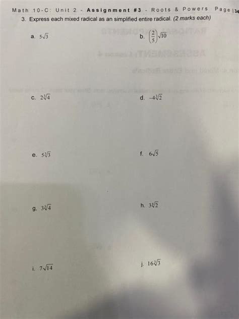solved page 134 math 10 c unit 2 assignment 3 roots and