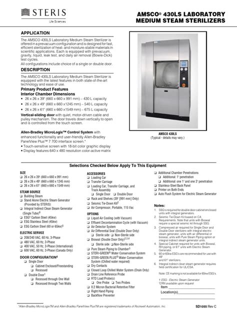 Amsco Ls Series Medium Steam Sterilizers 430ls Tech Data Pdf
