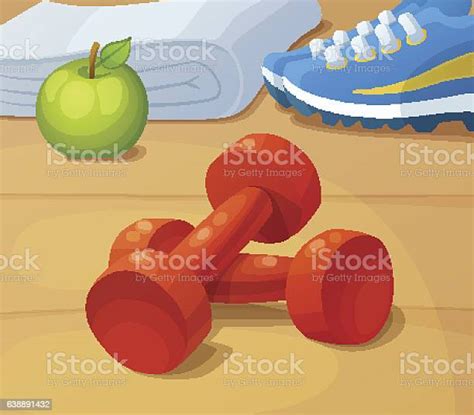 아령 트레이너 녹색 사과 건강한 라이프스타일 스포츠의 일러스트 강사에 대한 스톡 벡터 아트 및 기타 이미지 강사 개념