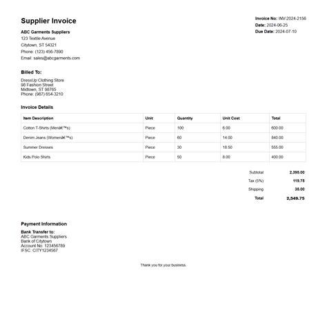 Supplier Invoice Document Template For Retail Business Transactions