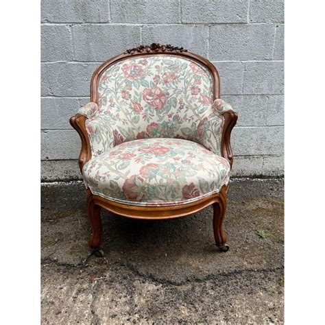 Antique Pair Victorian Rococo Style Walnut Carved Upholstered Armchairs