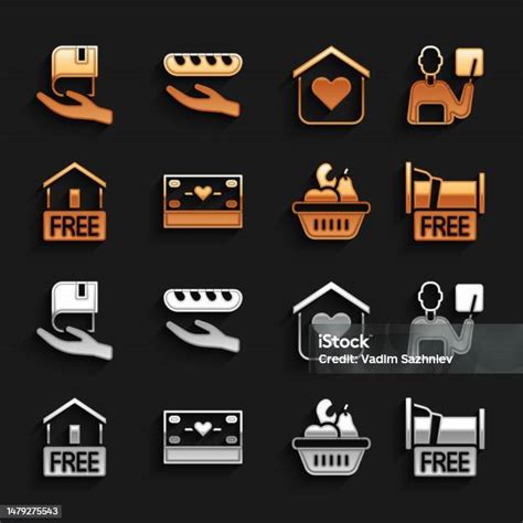 기부 및 자선 단체 교사 무료 숙박 집 음식 상자 택배 노숙자를위한 쉼터 도서 기부 및 아이콘을 설정합니다 벡터 Emergency Shelter에 대한 스톡 벡터 아트 및