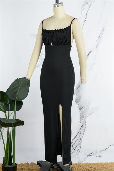 Wholesale White Sexy Solid Backless Slit Spaghetti Strap Long Dress