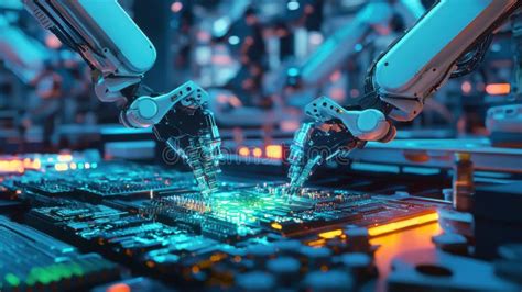 Robotic Arms Assembling Electronic Components On Circuit Board In Futuristic Factory Generative