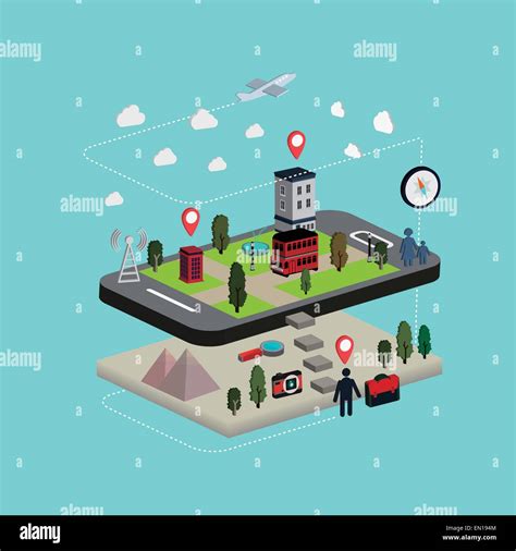 Flat 3d Isometric Mobile Navigation Illustration Over Blue Background