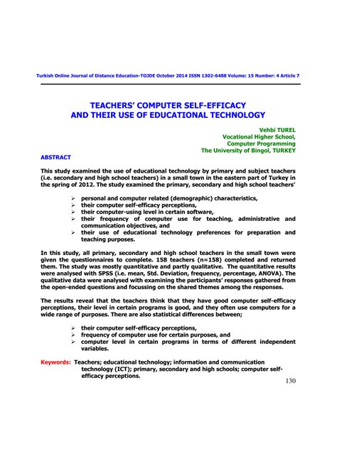 pdf teachers computer self efficacy and their use of educational
