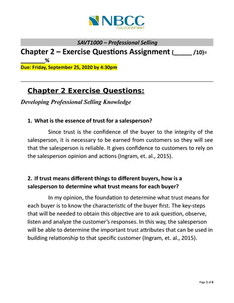 Professional Selling Ch 2 Assignment Chapter 2 Exercise Quesions