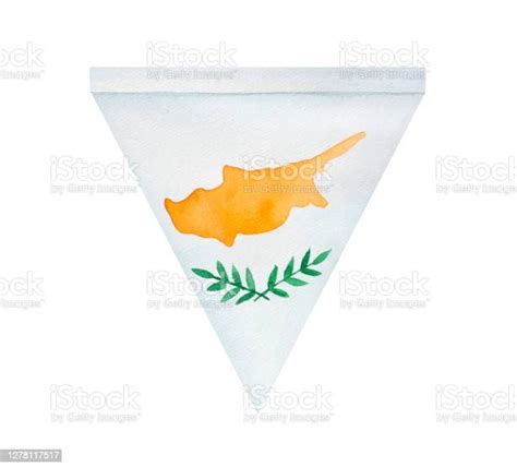 키프로스의 흰색 양식에 일치시키는 삼각형 플래그의 수채화 그림 하나의 단일 개체입니다 손으로 그린 물 색깔 스케치 드로잉 디자인