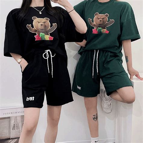4colorset할인 테드 곰돌이 오버핏 루즈핏 빅사이즈 반팔티 쭈리 밴딩 반바지 츄리닝 트레이닝 투피스 세트 180 에이블리