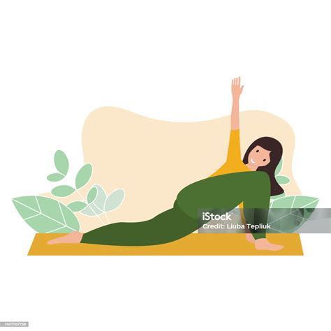 매트 플랫 벡터 일러스트 레이 션에 스트레칭하는 행복한 소녀 집에서 운동하는 플랫 여성 캐릭터 요기 소녀 플랫 벡터 가정 생활에 대한 스톡 벡터 아트 및 기타 이미지