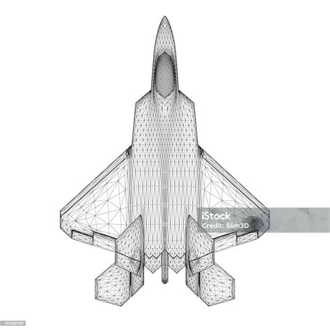 전투 전투기 와이어 프레임은 흰색 배경에 고립 된 검은 선에서 나온 것입니다 위에서보기 3d 벡터 일러스트레이션 와이어 프레임 모델에 대한 스톡 벡터 아트 및 기타 이미지