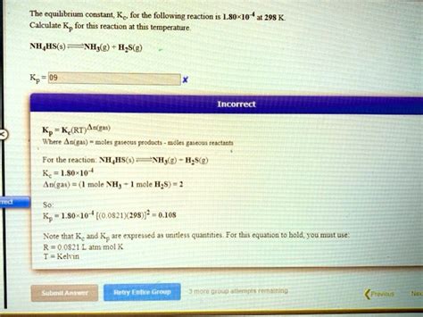 SOLVED The Equilibrium Constant Kc For The Following Icaction S At K Calculate Kp For