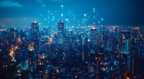 Night Cityscape Network Connectivity And Modern Architecture Digital Transformation With