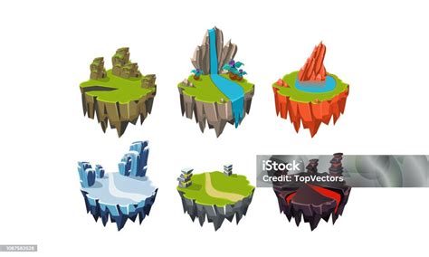 바위 섬 자연 풍경의 판타지 요소 모바일 애플 리 케이 션 또는 비디오 게임에 대 한 사용자 인터페이스 자산 흰색 배경에 그림을