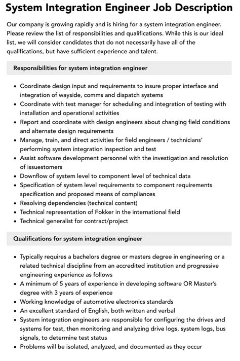System Integration Engineer Job Description Velvet Jobs