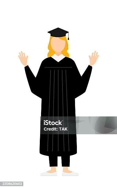 졸업식 가운과 사각형 모자를 쓴 백인 여성이 놀라서 손을 들어 올리는 간단한 그림 경외감에 대한 스톡 벡터 아트 및 기타 이미지 경외감 공부 교습 Istock